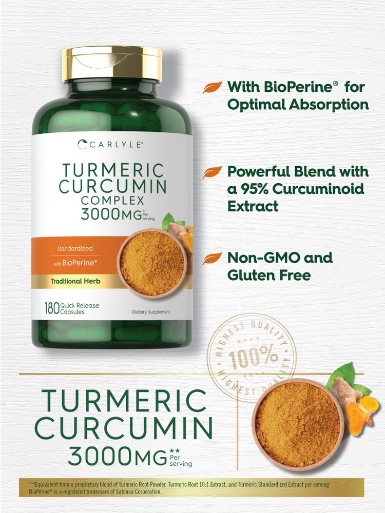 Turmeric Curcumin Complex 3000mg | 180 Capsules – Carlyle Nutritionals